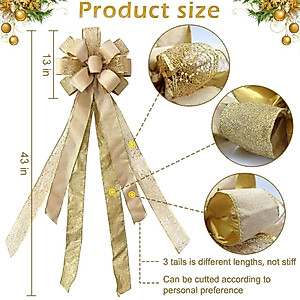Christmas Tree Topper Bow, 43x13 Inches Large Toppers Bows for Christmas Tree, Glitter Satin Mesh Streamer and Wired Edge, Xmas Ornament Treetop Hanging Decorations & Gift