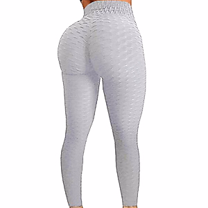 FITTOO Womens High Waist Textured Workout Leggings Booty Scrunch Yoga Pants Slimming Ruched Tights Light Grey XL