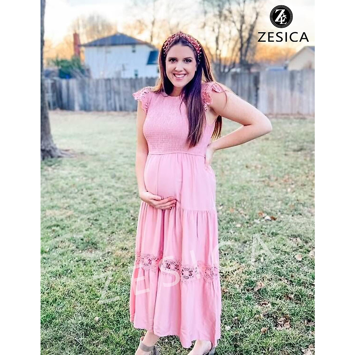 ZESICA Women's Casual Crew Neck Flutter Sleeve Smocked High Waist Hollow Out Lace Trim Tiered A Line Midi Dress,DarkPink,Small