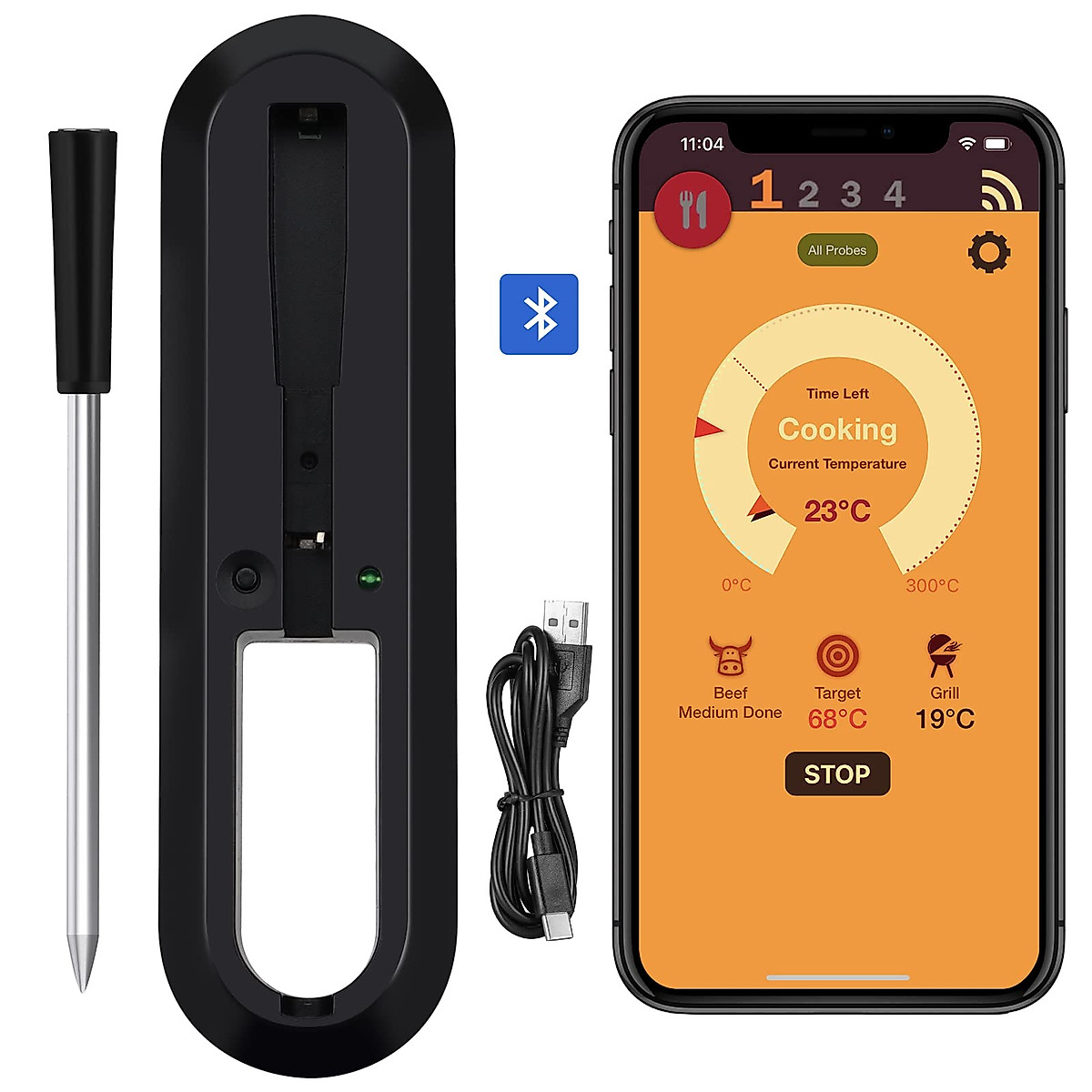Smart Meat Thermometer with Bluetooth | 165ft Wireless Range for Oven, Grill, Kitchen, BBQ, Smoker, Rotisserie