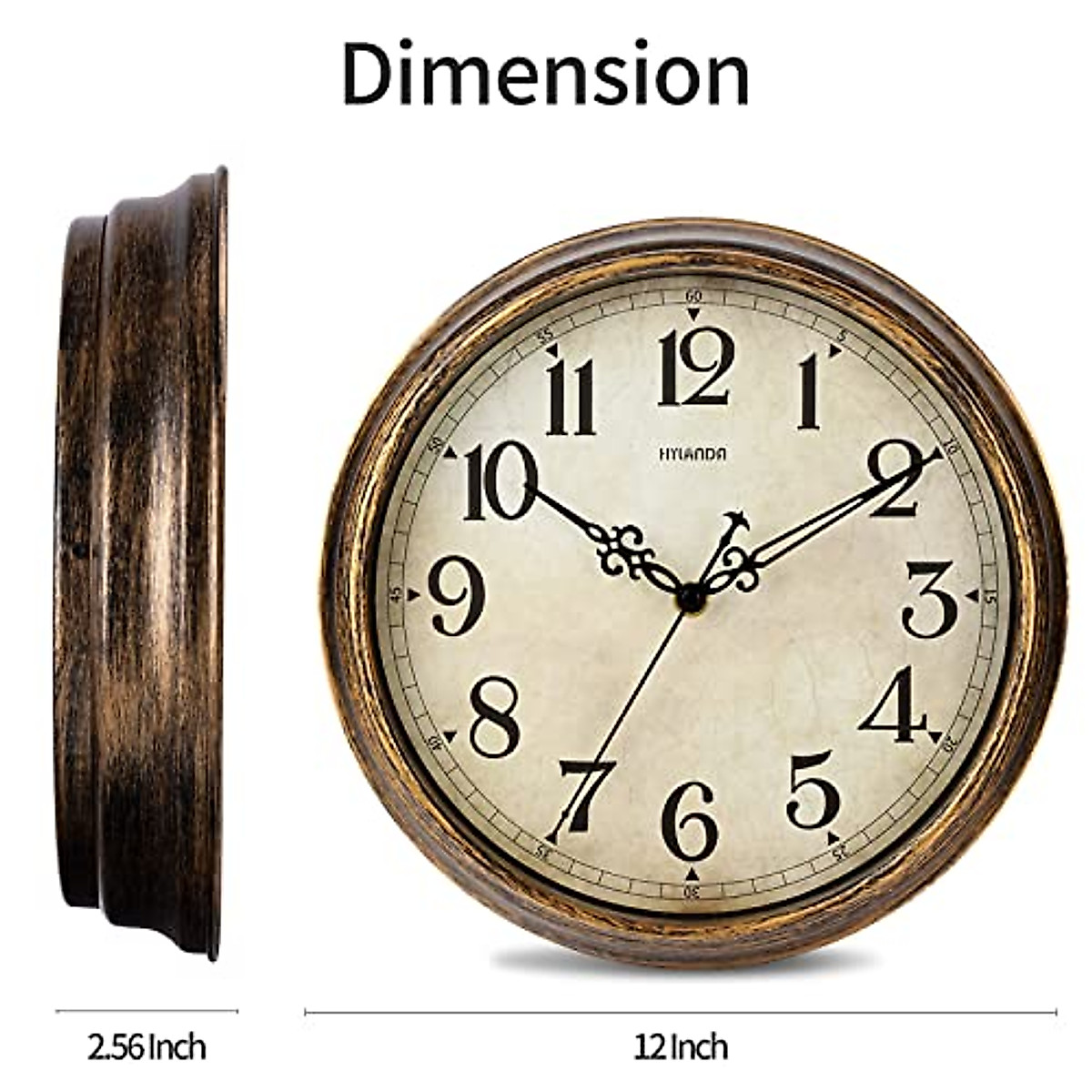 HYLANDA Wall Clock - 12 Inch Vintage Wall Clocks Battery Operated - Retro Silent Non Ticking - Decorative Living Room Home Kitchen School Office