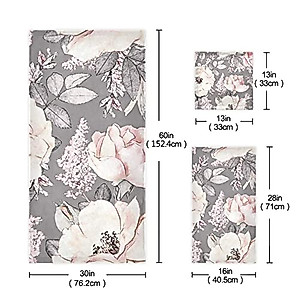 ALAZA Pink Rose Towels Bathroom Sets Flower Gray Towels Set of 3, 1 Bath Towel 1 Hand Towel 1 Washcloth Soft Highly Absorbent Decorative Towels for Kitchen Beach Gym Spa