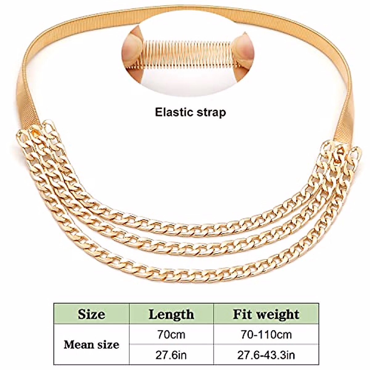 Suyi Skinny Stretch Belt Multilayer Metal Waist Belts Elastic Cinch Waistband for Women 70CM Gold