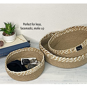 CHARDIN HOME Jute Rope Decor Baskets - SET OF 3 collapsible baskets, (8, 10,12 Inch Diameter, 4 Inch height) for kitchens, desks, dressers. Also great for multi-purpose storage.