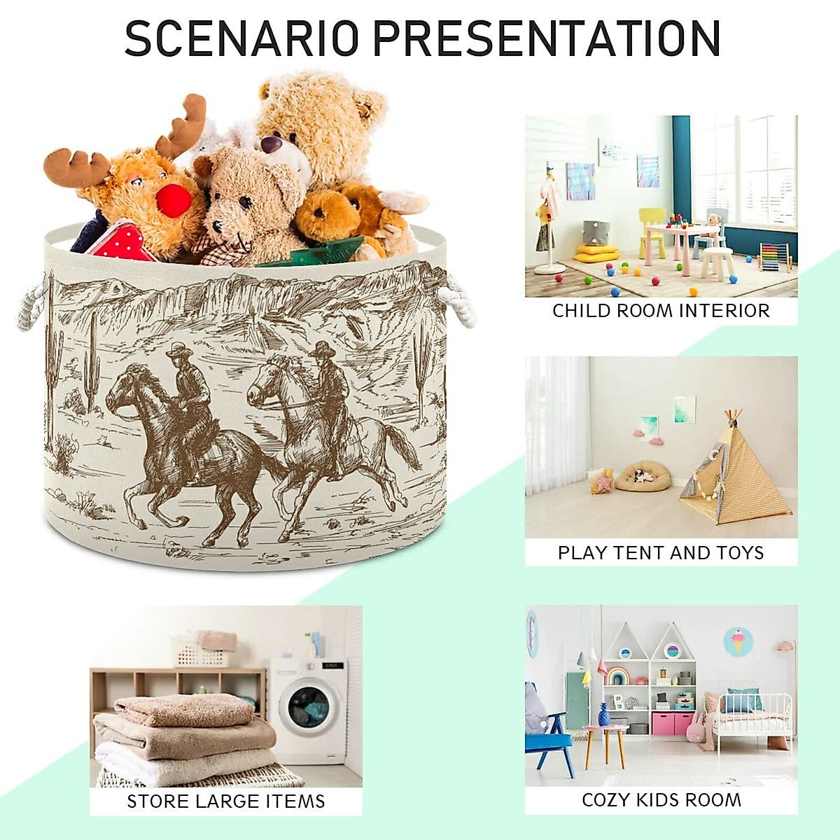 xigua Western Cowboy Round Storage Basket with Cotton Rope Handle Large Baby Laundry Blanket Basket Toy Basket Comforter Laundry Hamper