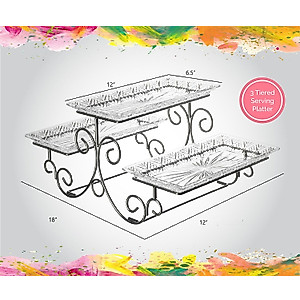 Godinger Silver Art Dublin 3 Tiered Glass Buffet Serving Tray - Chrome Plated Platter Stand with Starburst Design - Party and Event Dessert and Food Display Server