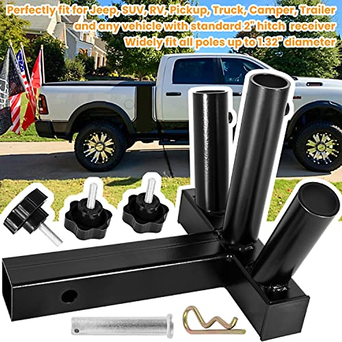 Universal Hitch Mount 3 Flag Pole Holder for Jeep SUV RV Pickup Car Truck Camper Trailer with Standard 2 inch Hitch Receivers Bracket with Anti-Wobble Screw (Black 3 Flagpoles)