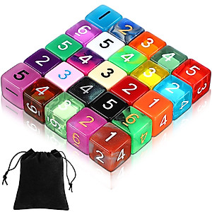 TecUnite 25 Pieces Polyhedral Dice Set 6 Sided Game Dice Set with Black Pouch for Table Games (Colorful)