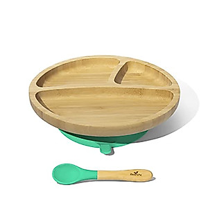 Avanchy Toddler Baby Plates Divided Bamboo, Suction for Babies Kids Toddler Food with Silicone Spoon for Feeding, Green