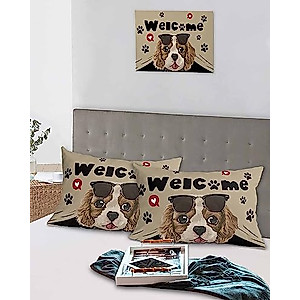 Edwiinsa Cute Love Heart Dog Pillow Covers Standard Size Set of 2 20x26 Bed Pillow, Black Paws Rustic Beige Welcome Plush Soft Comfort for Hair/Skin Cooling Pillowcases with Envelop Closure
