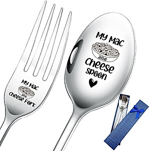 HSSPIRITZ 2 Pieces My Mac and Cheese Stainless Engraved Spoon Fork Set, Kitchen Restaurant Long Handle Dinner Spoons and forks for Friends,Women,Sister Birthday Cheese macaroni Lovers Christmas Gifts
