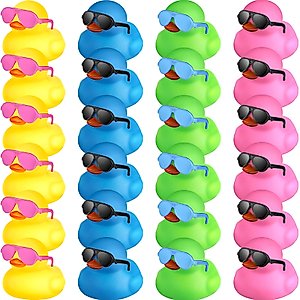 24 Pcs Mini Rubber Ducks with Sunglasses, Rubber Ducks in Bulk Valentine Duck Bathtub Toys for Cruise Valentines Kids Classroom Gift Exchange(Yellow, Blue, Pink, Black, Green, Eyeglasses)