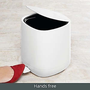 mDesign Plastic 1.3 Gallon/5 Liter Trash Can Waste Basket for Bathroom with Lid, Step Pedal Dustbin, and Removable Liner Bucket - Small Garbage Bin for Bathroom, Bedroom, or Office - White