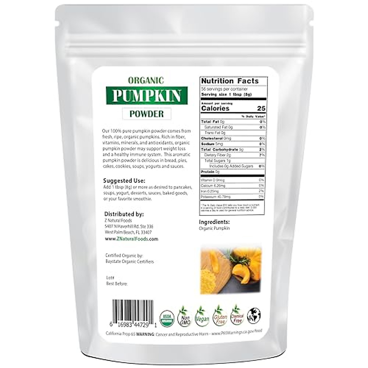 Z Natural Foods Organic Pumpkin Powder - Make Delicious Pumpkin Spice Lattes Coffee - Plant Based Superfood Supplement For Cooking Baking Recipes - Raw, Vegan, Non GMO, Gluten Free, Kosher - 1 lb Size