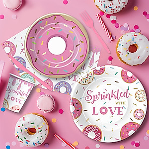 Suhelkit Donut Baby Sprinkle Decorations Tableware Girl - Sprinkled with Love Baby Shower Decorations Party Supplies, Paper Plate, Napkin, Cup, Fork, Pink Donut Baby Shower Decorations | 24 Guests