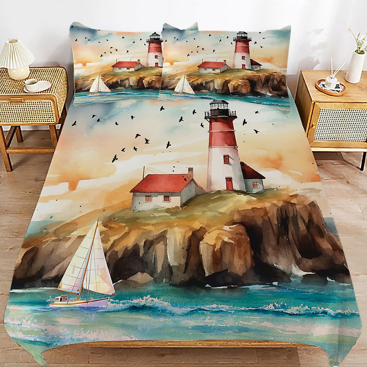 MSSHUKYTT Modern Watercolor Nautical Lighthouse Twin Size Comforter Cover Sets 3 Piece,Rustic Abstract Tropical Island Cabin Seagull Sailboat Waves Duvet Cover Set 2 Pillowcases(No Insert)