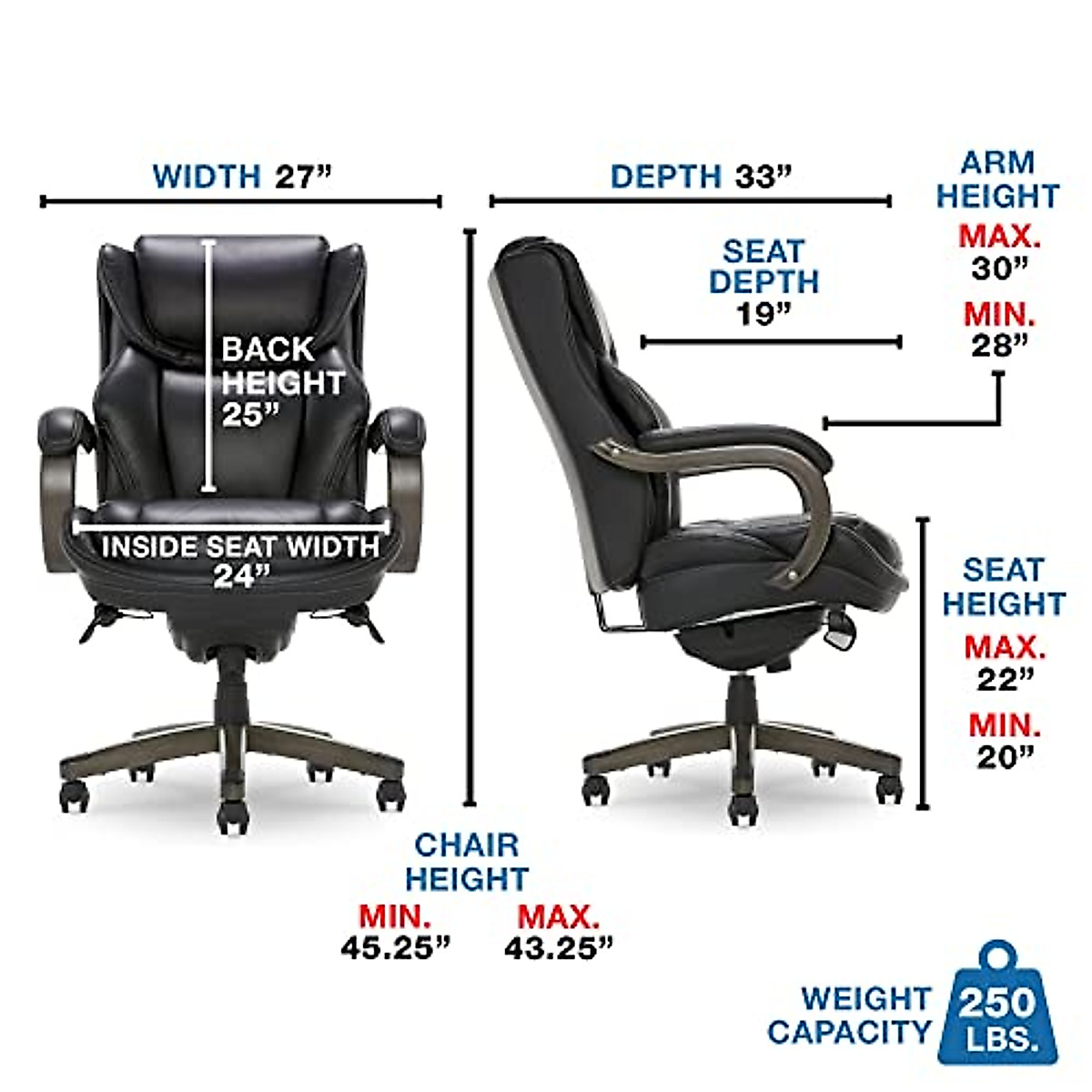 La-Z-Boy Harnett Big & Tall Executive Office Comfort Core Cushions, Ergonomic High-Back Chair with Solid Wood Arms, Bonded Leather, Black