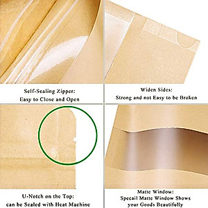 SumDirect Kraft Zip Lock Stand Up Bags Pouches with Notch and Matte Window,7X10 Inches,9.5oz,Pack of 50