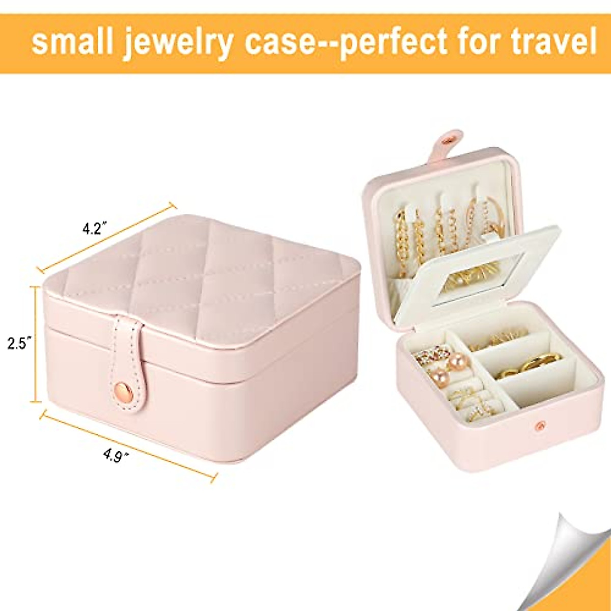 DQUTAR Travel Jewelry Box with Mirror, PU Leather Mini Jewelry Travel Case for Women Girls, Small Portable Jewelry Organizer for Rings Earrings Necklaces Bracelets