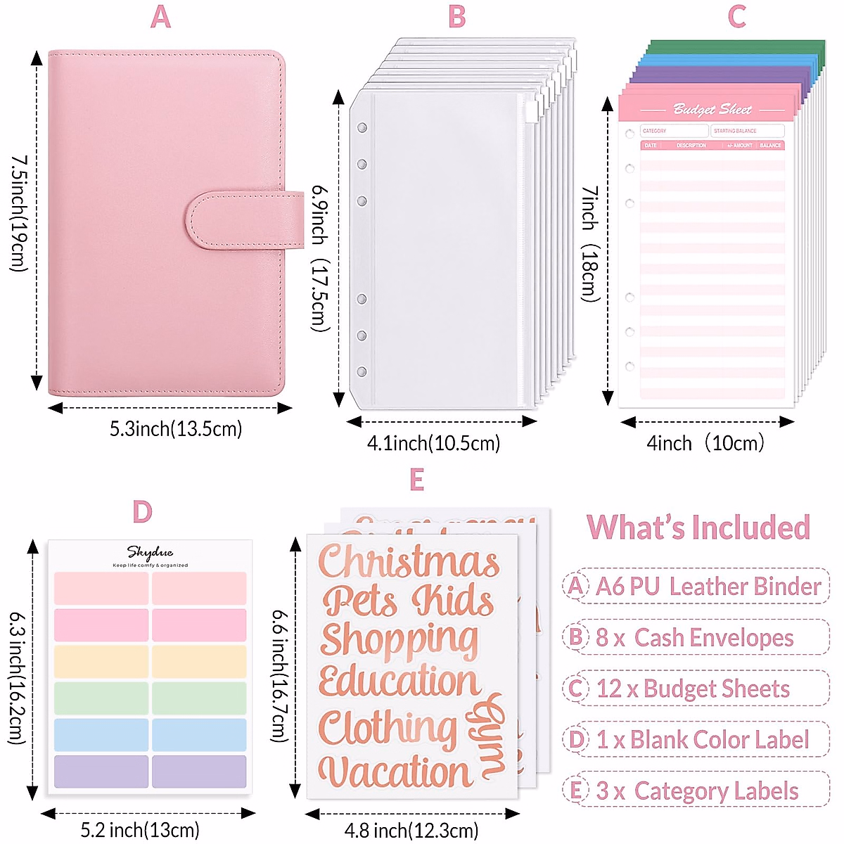 SKYDUE Budget Binder with 8pcs Zipper Envelopes,Money Organizer with 12pcs Expense Sheets & 24 Rose Gold Sticky Labels,Budget Organizer for Cash