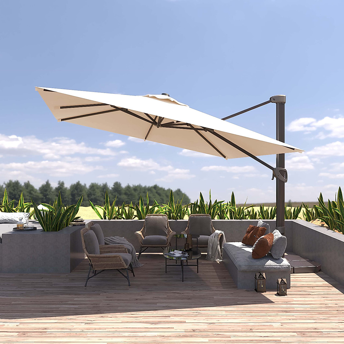 BLUU REDWOOD 10 FT Square Patio Umbrella Offset Cantilever Outdoor Umbrella Aluminum Market Hanging Umbrellas with 360° Rotation Device and Unlimited Tilting System & Cross Base (Beige)