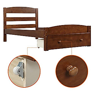 Platform Twin Bed Frame with Storage Drawer and Wood Slat Support No Box Spring Needed (Walnut)