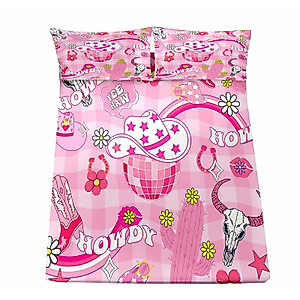 LUVIVIHOME 4PCS Disco Cowgirl Sheets Set, Queen Bed Sheet, Hot Pink Sheets, Preppy Bedding, Cowboy Boots Cow Skull Flower Cactus Aesthetic Girls Bedding, 1 Fitted Sheet & 1 Flat Sheet & 2 Pillowcases