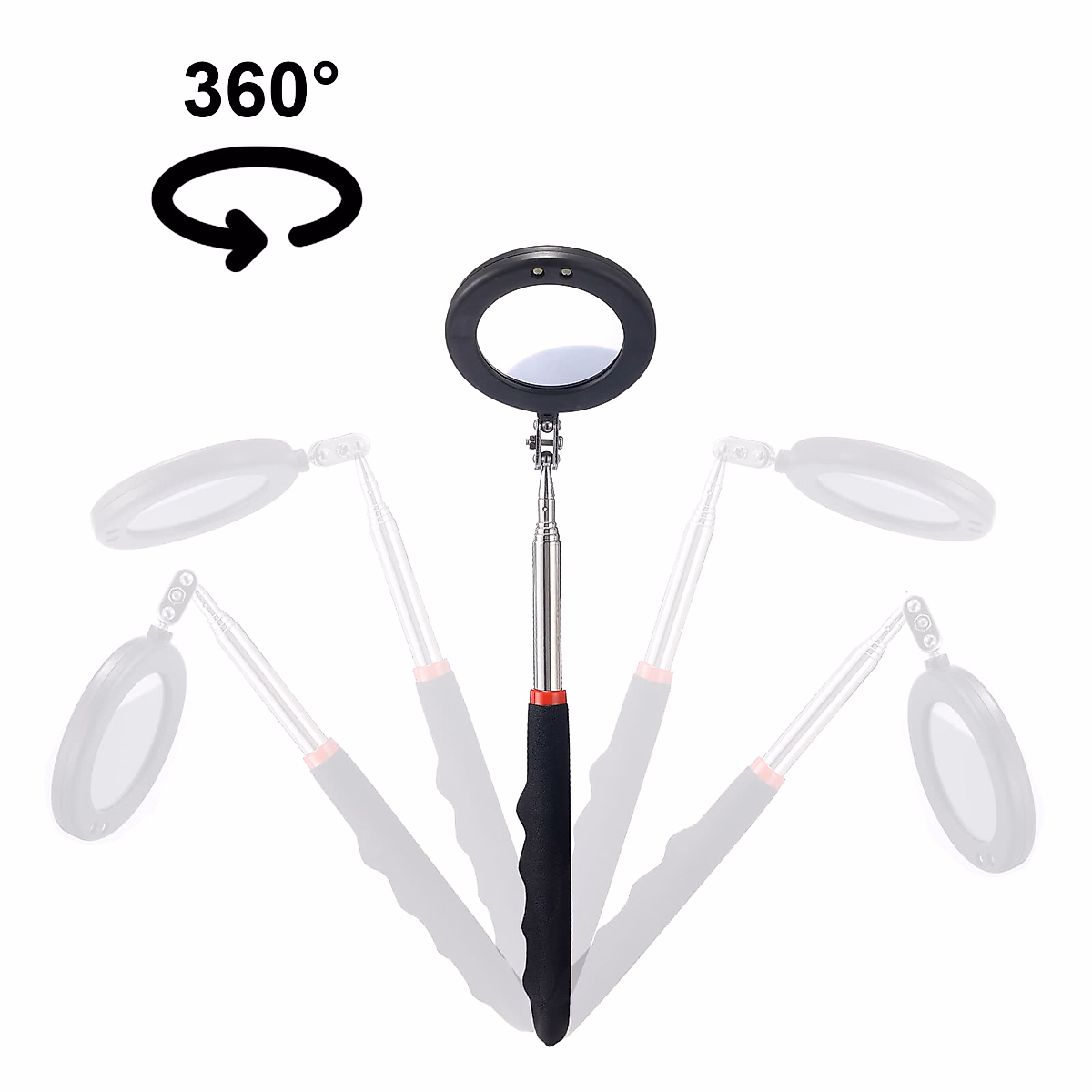 KABUDA 4PCS Telescoping Inspection Mirror LED Lighted Inspection Mirror for Mechanic Checking Vehicle, Car, Eyelashes, Mouth, Small Parts Observation (Extendable, Rectangle & Round)