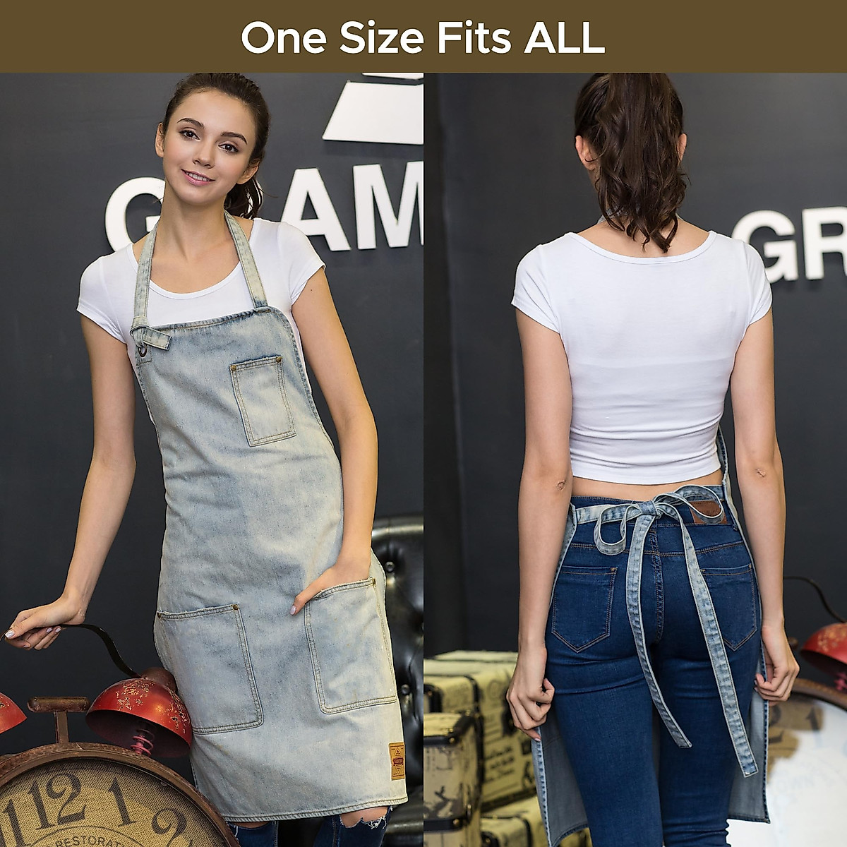 VANTOO Unisex Distressed Jean Apron with Convenient Pockets for Men and Women,White