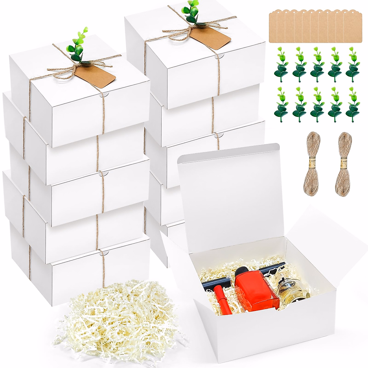 Gift Boxes Set 10 Bridesmaid Proposal Boxes 8 x 8 x 4 In Bridesmaid Proposal Gifts, 10 Kraft Paper Gift Tag, 10 Plastic Eucalyptus Leaves Stems and 200g Cut Paper Shred Filler