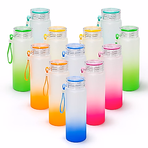 AGH Sublimation Tumblers 12 Pack-16OZ Frosted Glass Cups with Colored Carrying Handle Lid,Different Color Gradient Glass Cups,Suitable for Cold or Cot Drinks,Easy to Carry
