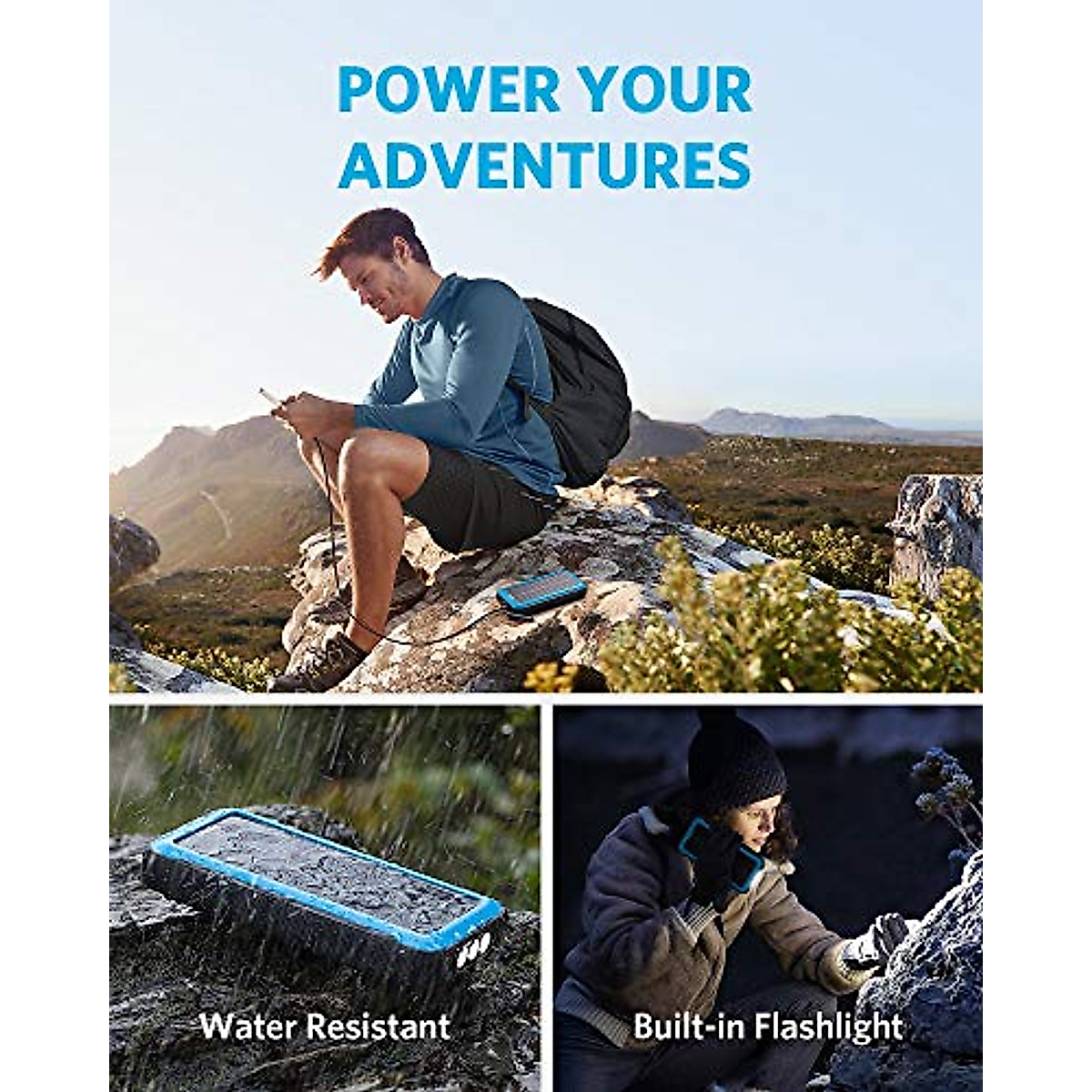 Anker PowerCore Solar 20000, 18W USB-C Power Bank 20,000 mAh with Dual Ports, Flashlight, IP65 Splash Proof and Dustproof for Outdoor Activities, Compatible with Smartphones and Other Devices