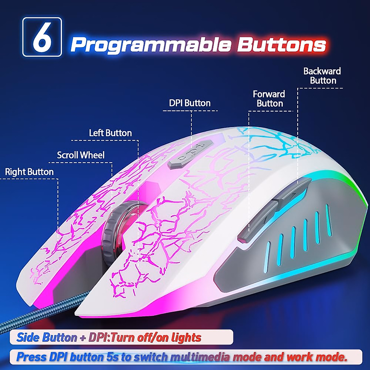 VersionTECH. Wired Gaming Mouse, Computer Mouse Ergonomic Mice with 7 LED Lights RGB Backlit, 6 Programmable Buttons, 4 Adjustable DPI for Laptop PC Gamer Desktop Chromebook Mac Games-White