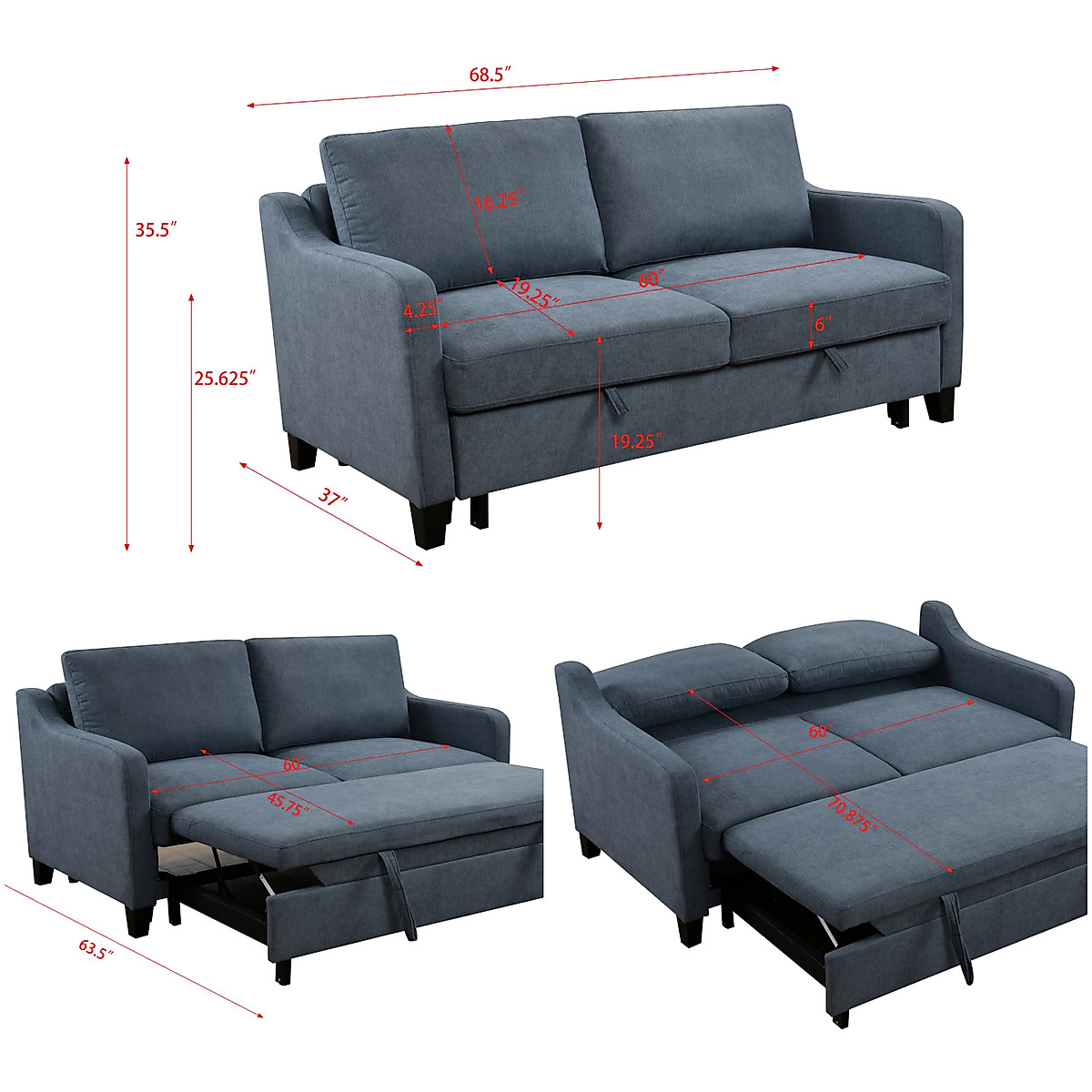 ZIGHTH 69'' Convertible Queen Size Sleeper Sofa Bed, Modern Linen Loveseat Sofa Couch with Pull Out Bed and Adjustable Backrest for Living Room. Blue