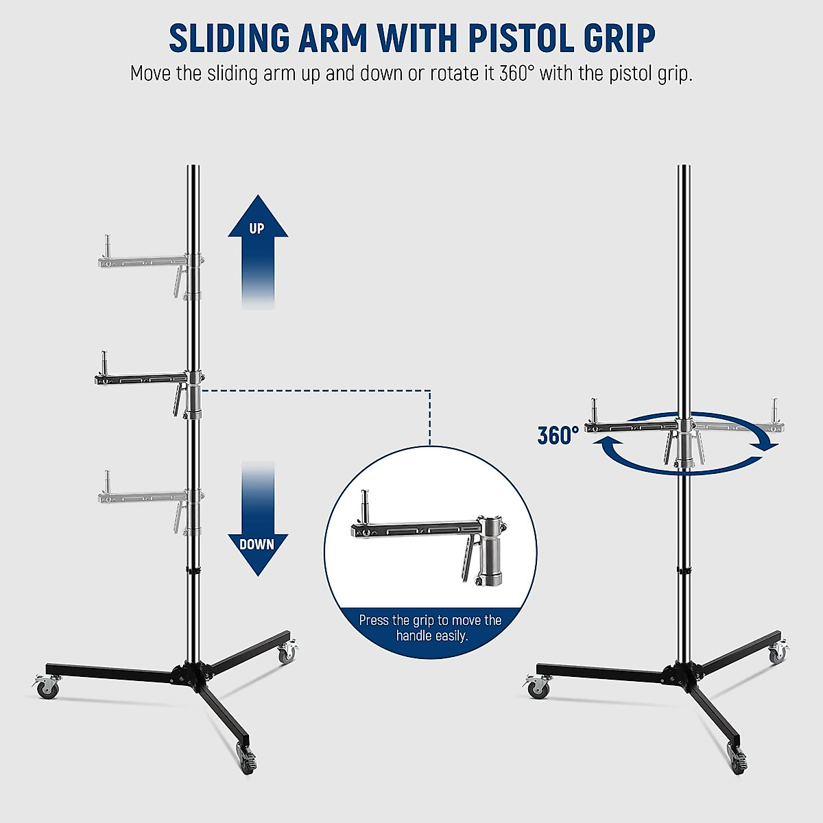 NEEWER 88"/224cm Light Stand Stainless Steel Heavy Duty with Pistol Grip, Sliding Arm, Detachable Caster, Folding Leg, 1/4" 5/8" Spigot, Photography Flash/Ring Light Stand, Max Load 22lb/10kg, ST003
