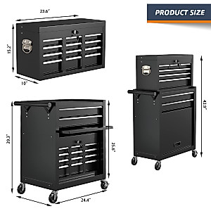 8-Drawer Rolling Tool Chest & Portable Tool Box with 2 Handles, Lockable Rolling Tool Box with 4 Hooks, Large Capacity Garage Storage Tool Cabinet for Warehouse, Repair Shop(Black)