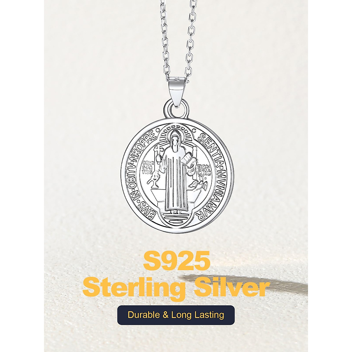 U7 Men Women St Benedict Necklace 925 Sterling Silver Round Medal Protect Saint Nursia Benedict Pendant and Chain 18 Inch