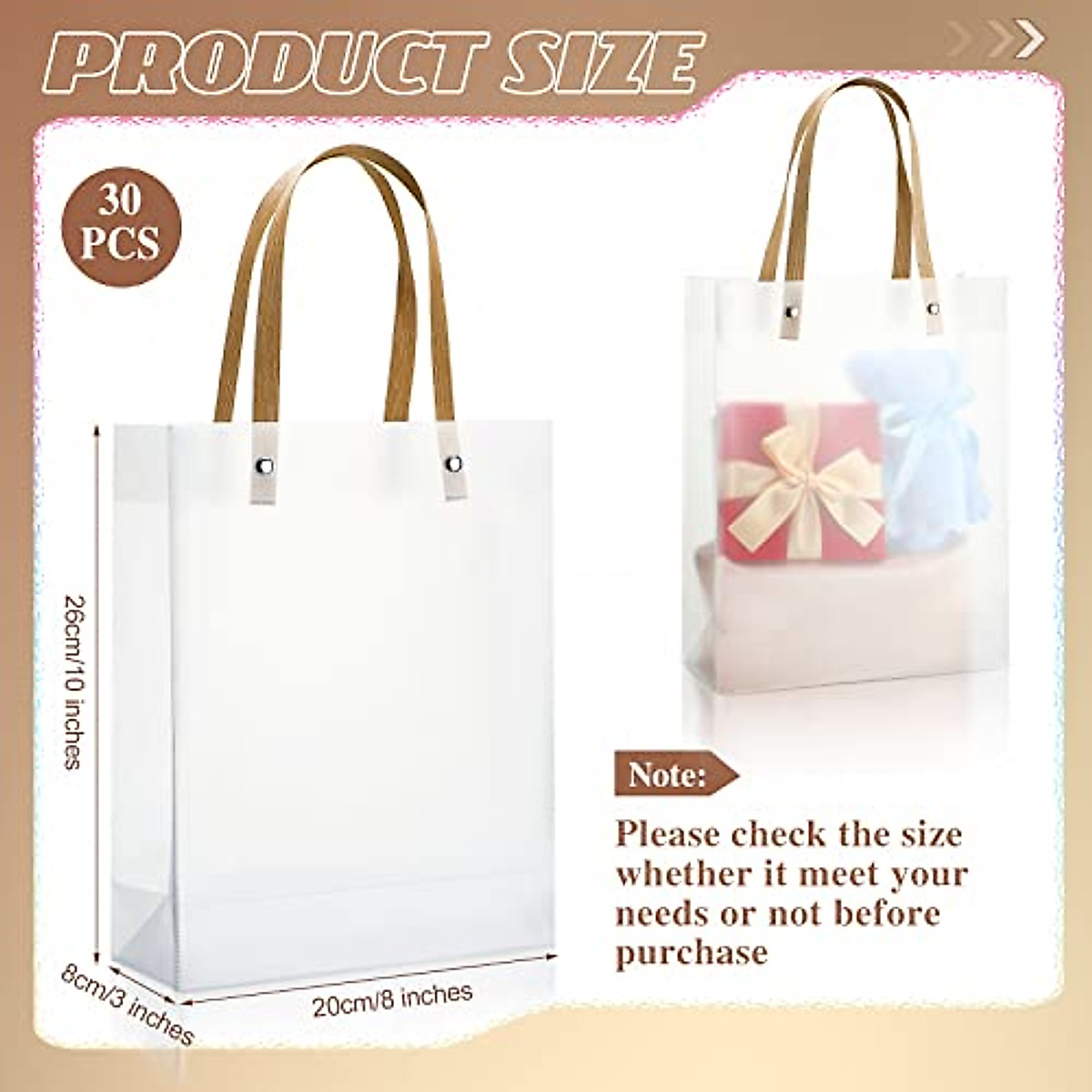 30 Pcs Clear Gift Bags with Handles, White Frosted Plastic Bags, Clear Reusable Bags for Gifts Party Favors, Transparent Tote Boutique Bags Gift Wrap Bags for Wedding, Retail, 10 x 8 x 3 Inch