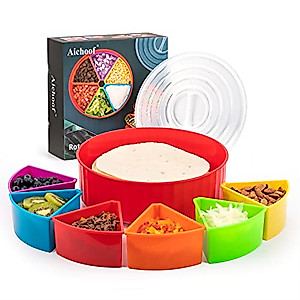 Aichoof Rotating Snack Tray, Colorful Taco Tuesday Heated Lazy Susan Topping Bar, Plastic Storage Food Containers with 6 Removable Bowls, Serving Tray Container with Lid, Perfect For Taco Night