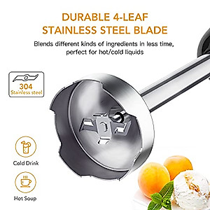 Acekool Immersion Hand Blender, 5-in-1 Handheld Blender 800W Powerful Copper Motor, 12 Speed Turbo Mode, 20 oz Beaker with Measuring Mark, 17 oz Food Chopper for SmoothiesStainless Steel Blades, Whisk