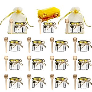 Mini Hexagonal Honey Jars - 2 oz 15 Pack Little Glass Honey Jar - Glass Honey Jars with Wooden Dippers, Bee Charms, Jutes and Gold Gift Bags - Honey Jars for Baby Shower, Wedding Party Favors