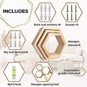 Onyx Home Hexagon Floating Shelves - Set of 3 - Boho Wall Decor. Geometric Hexagon Shelves. Includes All Hanging Hardware. Wooden Honeycomb Shelves. Succulent Plant Shelf