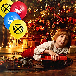 36 Pieces Railroad Crossing Train Balloons 12 Inch Train Birthday Balloons Latex Balloons Railway Party Decorations and 2 Rolls Silver Ribbons for Kids Birthday Baby Shower Engagement Party Supply