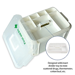 Portable handled medicine first aid box plastic medicine basic organizer holder. Family small safety emergency medical storage box kit travel, car, home, camping, office, vehicle + pill cutter (empty)