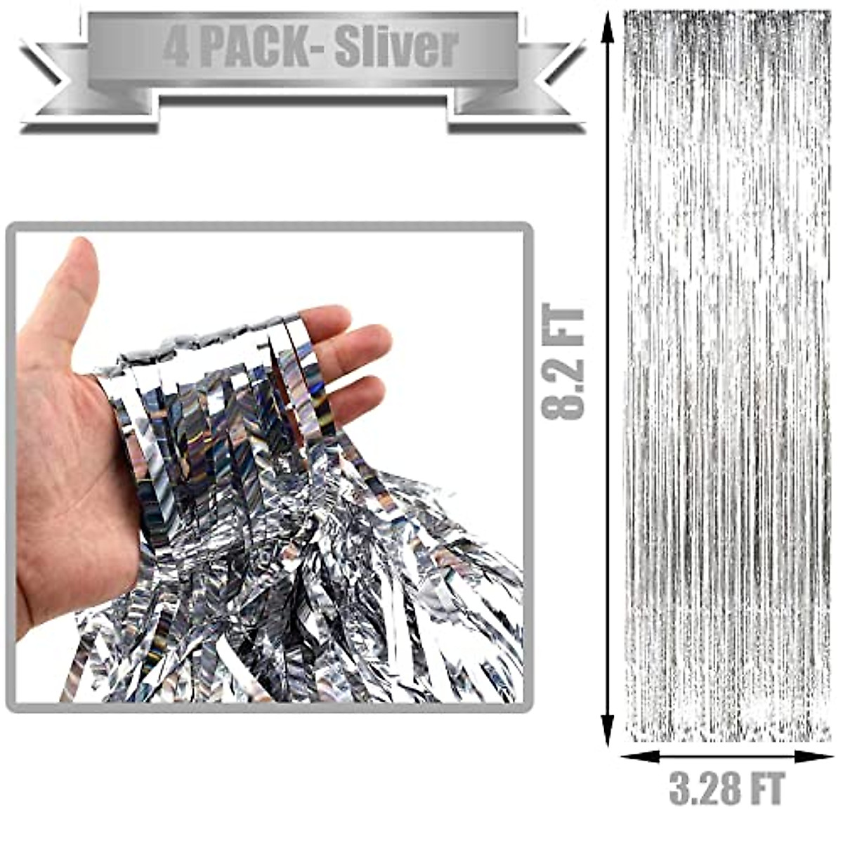 4 Pack Silver Foil Fringe Curtain Backdrop, 3.28Ft x 8.2Ft Metallic Tinsel Foil Fringe Streamer Curtains for Photo Booth Props, Birthday, Wedding, New Year’s, Christmas Decoration Party Supplies