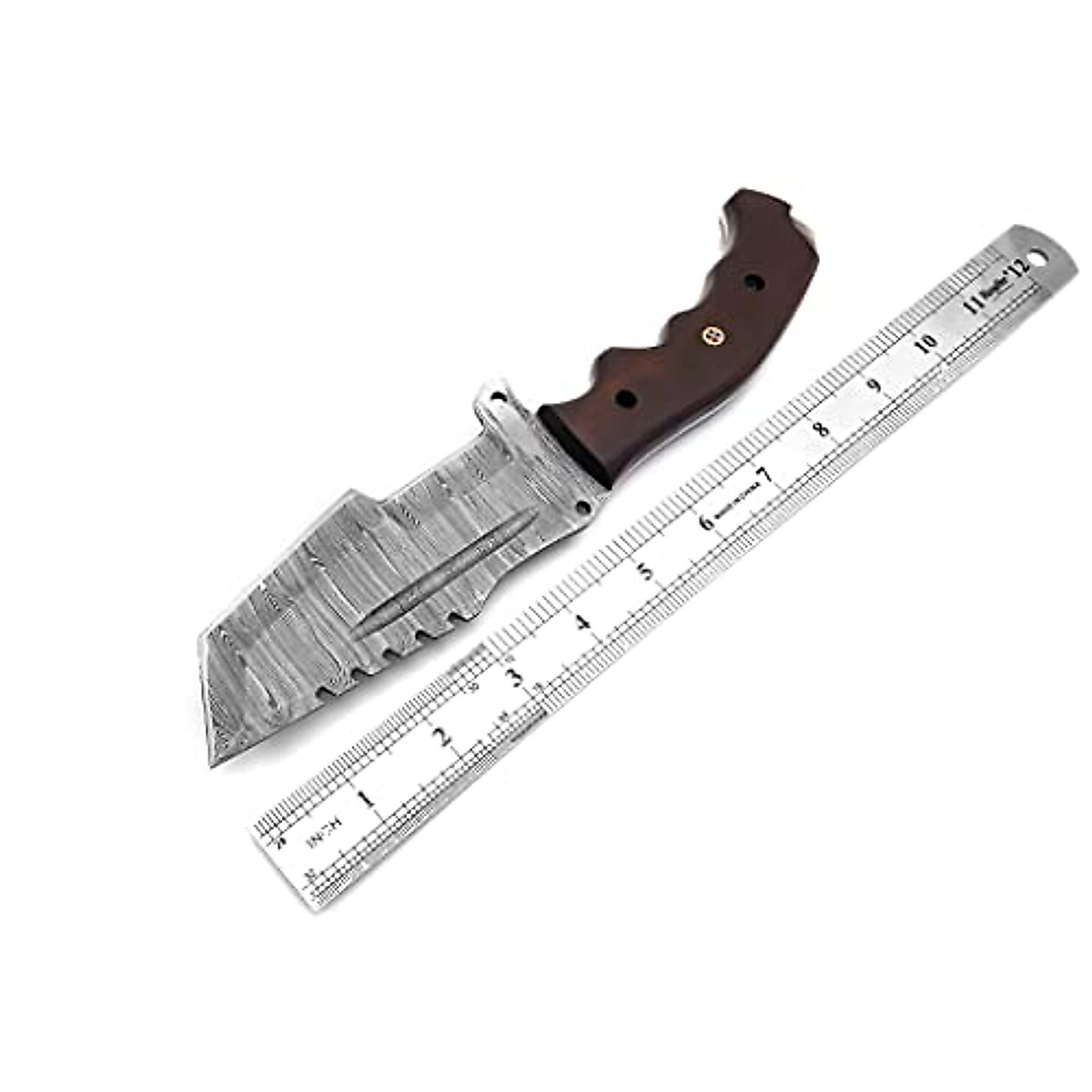 Handmade Damascus Tracker Knife 10 Inches Fixed blade hunting knife with Horizontal carry leather sheath Damascus steel fixed blade for hunting camping Skinning survival, rosewood handle.