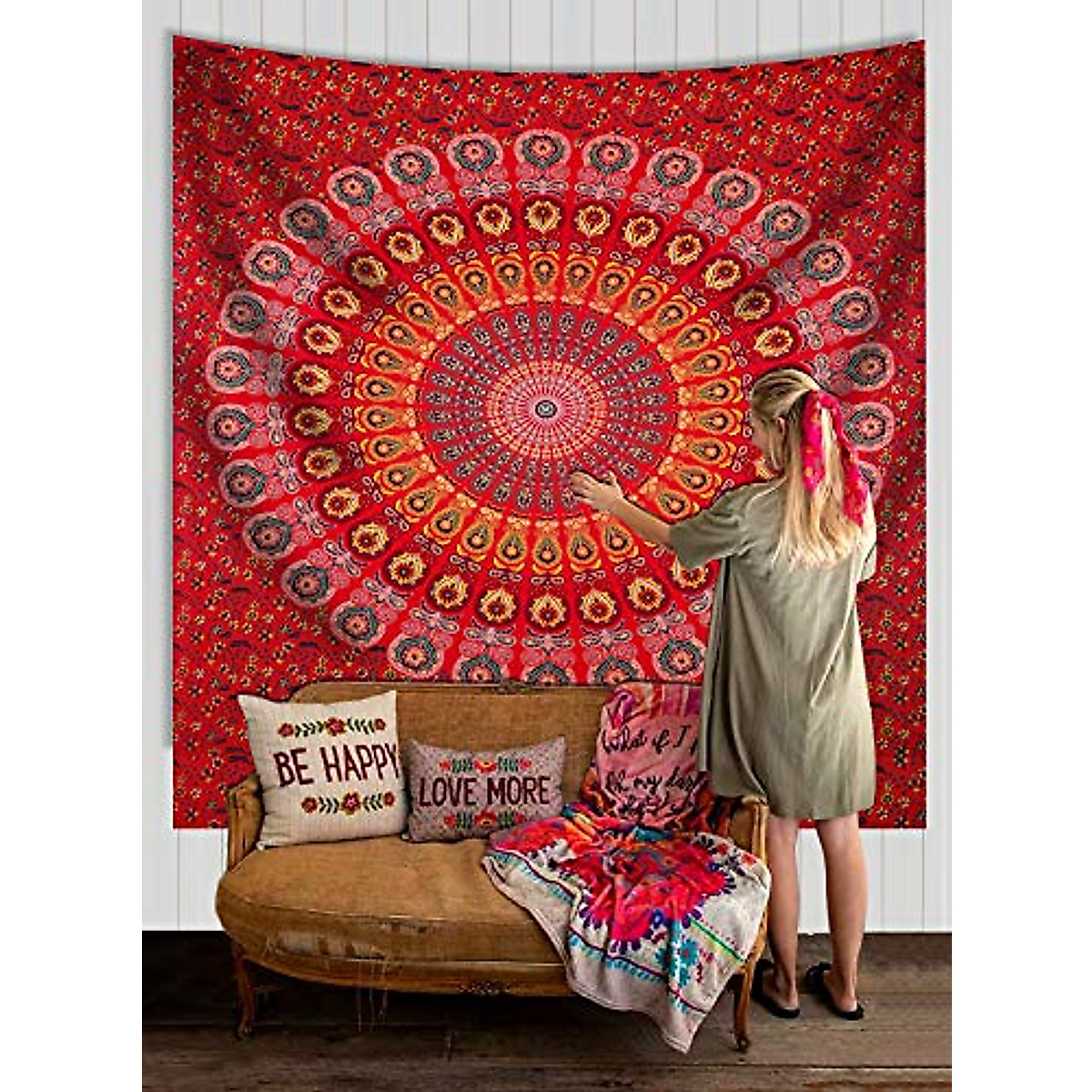 SHIRANYA Red Queen Indian Mandala Tapestry Wall Hanging for Bedroom Bohemian Floral Design Cotton Bedspread Throw Blanket Decorative (84x90 inches/213x229 cm)