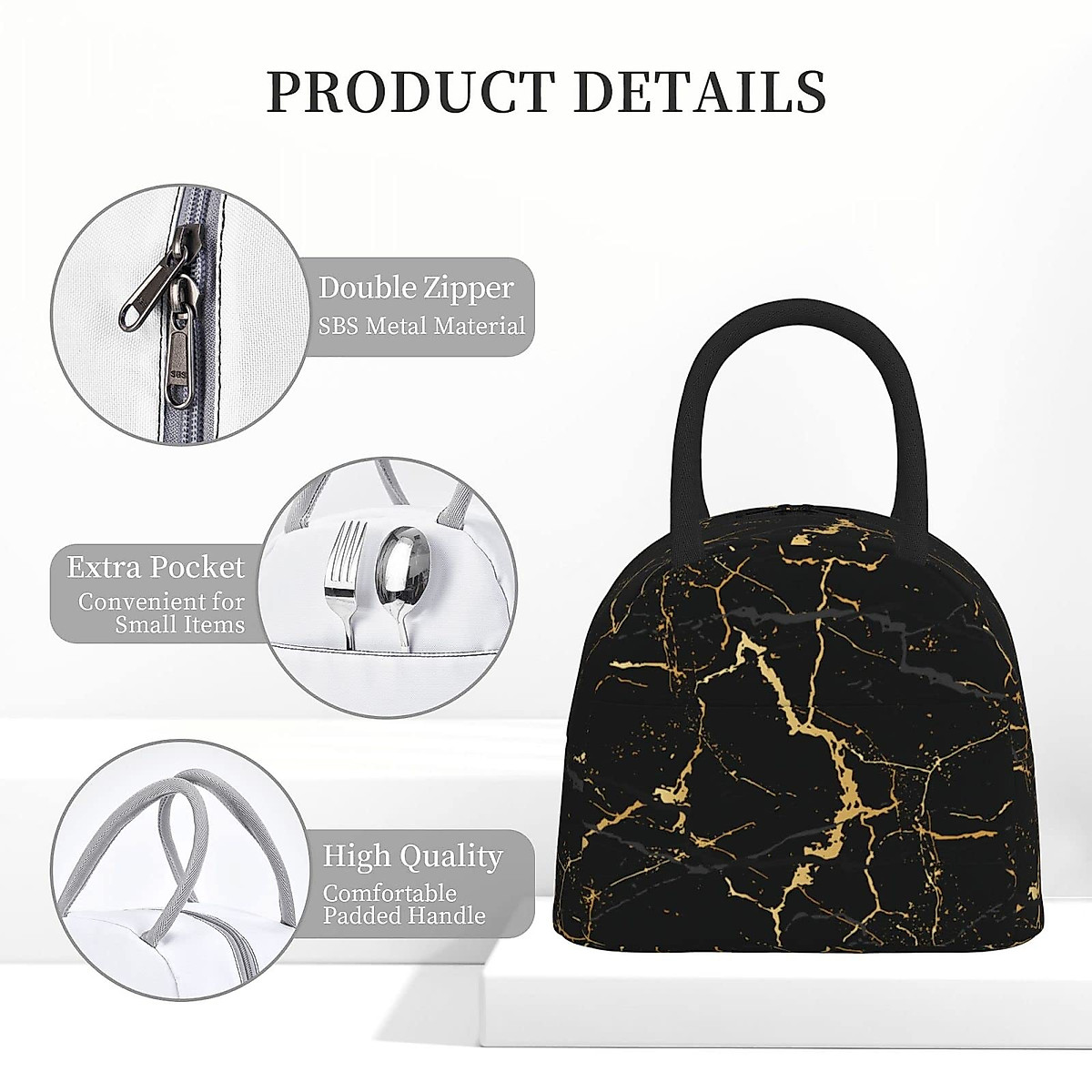 Fiokroo Lunch Bag Insulated Black Marble Texture Lunch Box Marbling Reusable Lunch Tote Bag For School Work College Outdoor Travel Picnic, 10l