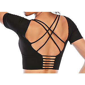 ECUPPER Women Short Sleeve Workout Tops Backless Yoga Gym Shirts Athletic Crop Top with Built in Bra for Fitness Sports Activewear Black