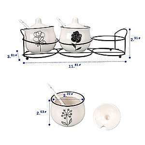 Ceramic Spice & sugar Jars, with Lids Spoons and Shelf,Porcelain Condiment Kitchen Jar Spice Container Set, 230 ML,3 Pcs